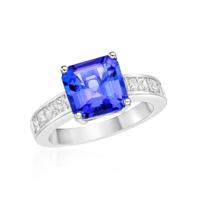 4.00 Ct Princess Cut Tanzanite & Diamond Ring 18K Gold